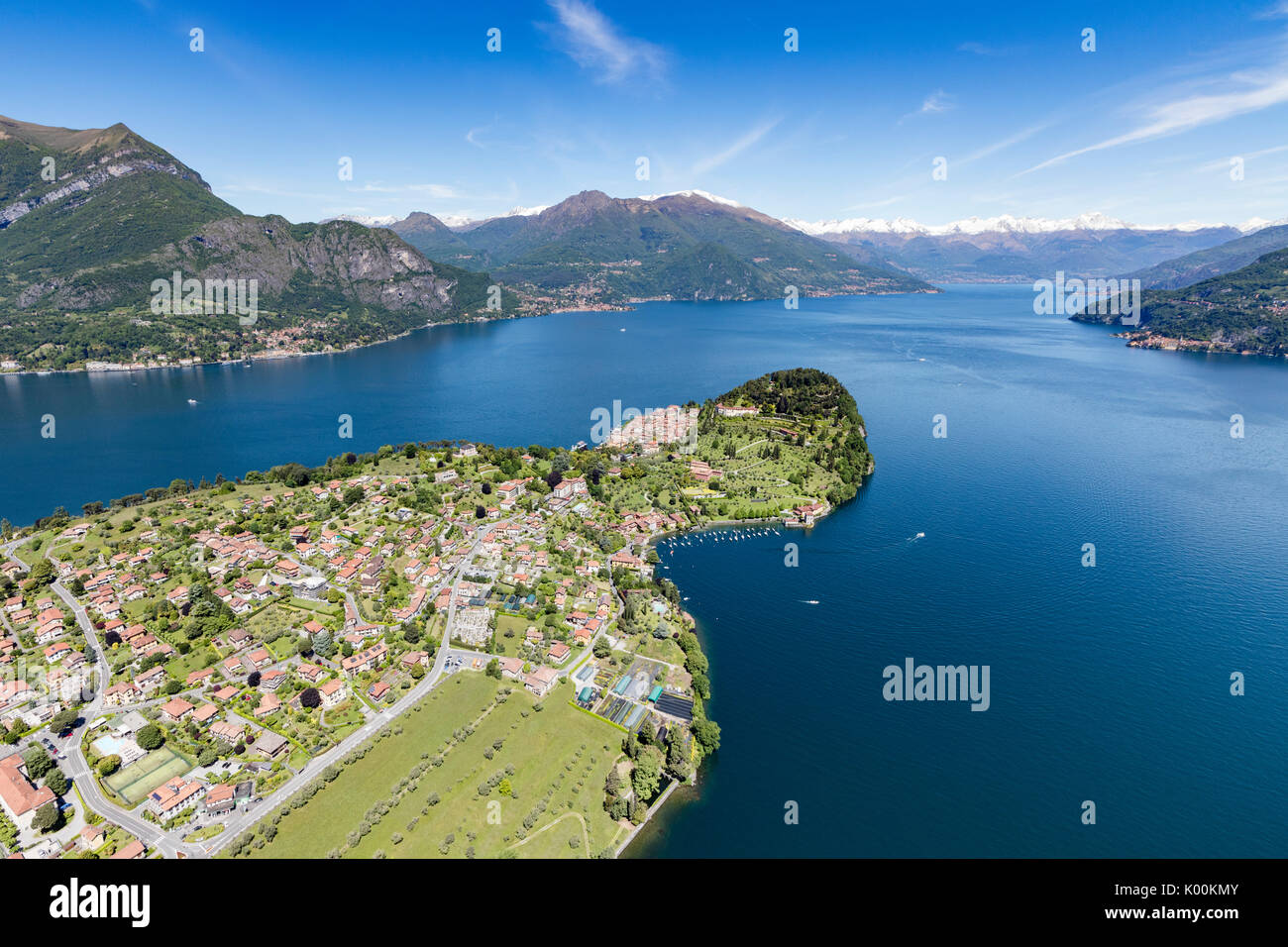 Aerial view of the village of Bellagio frames by the blue Lake Como and ...