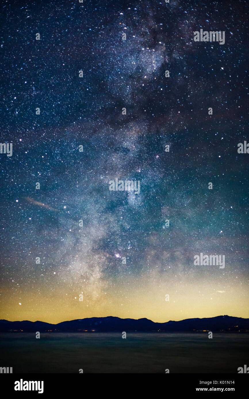 Starry Night and Milky Way above the Sierra Nevada Mountains and Lake ...