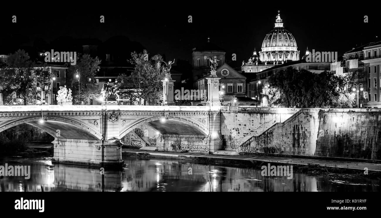 The Bridges over River Tiber and St Peters Basilica in Rome by night ...