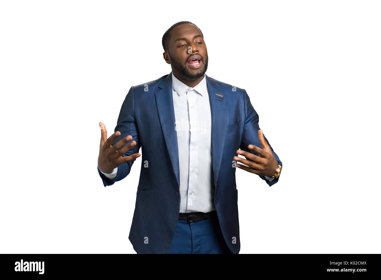 Emotional speech of business trainer. Man in formal wear with ...