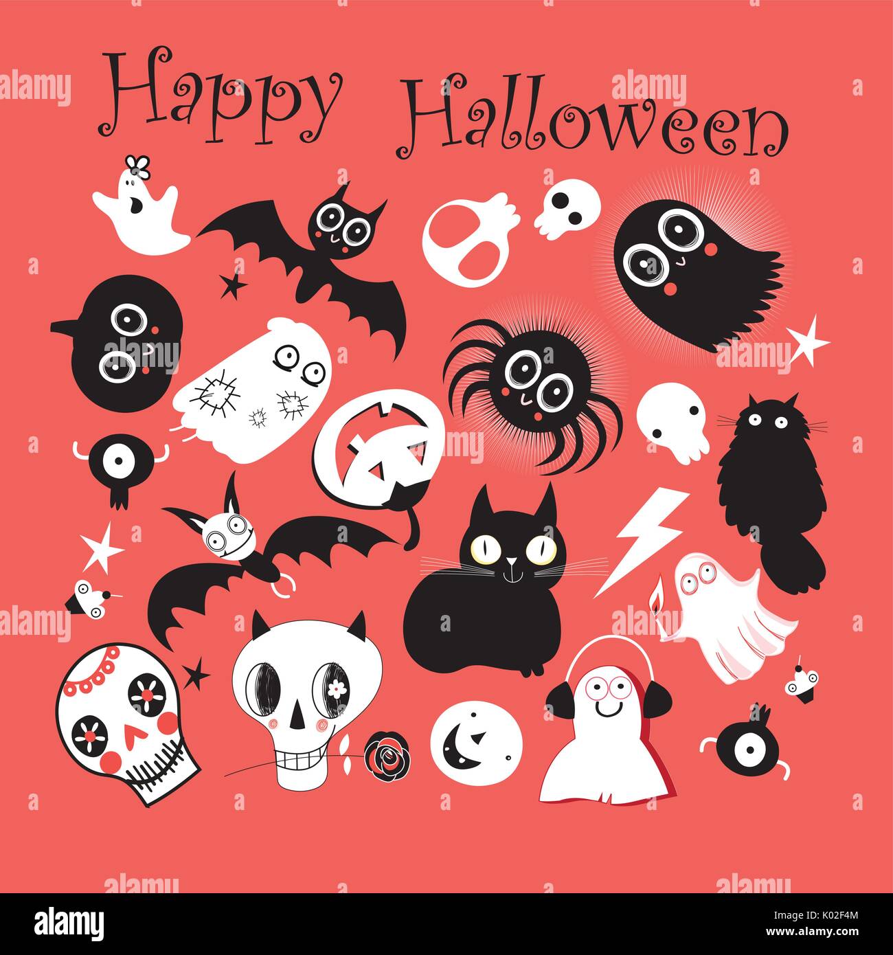 Vector set of different objects for Halloween on a red background Stock ...