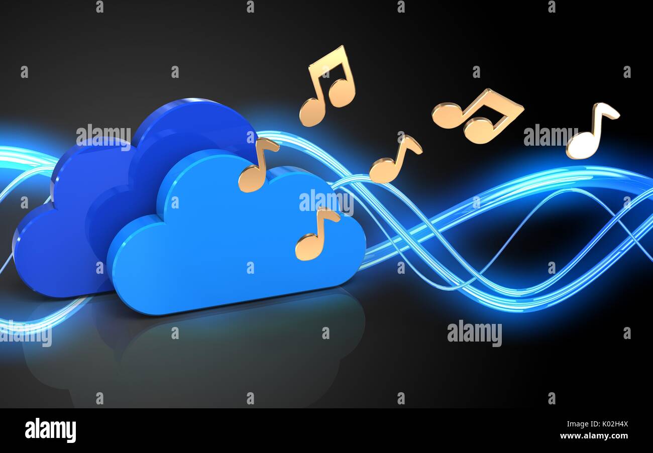 3d illustration of clouds over sound wave black background with notes ...