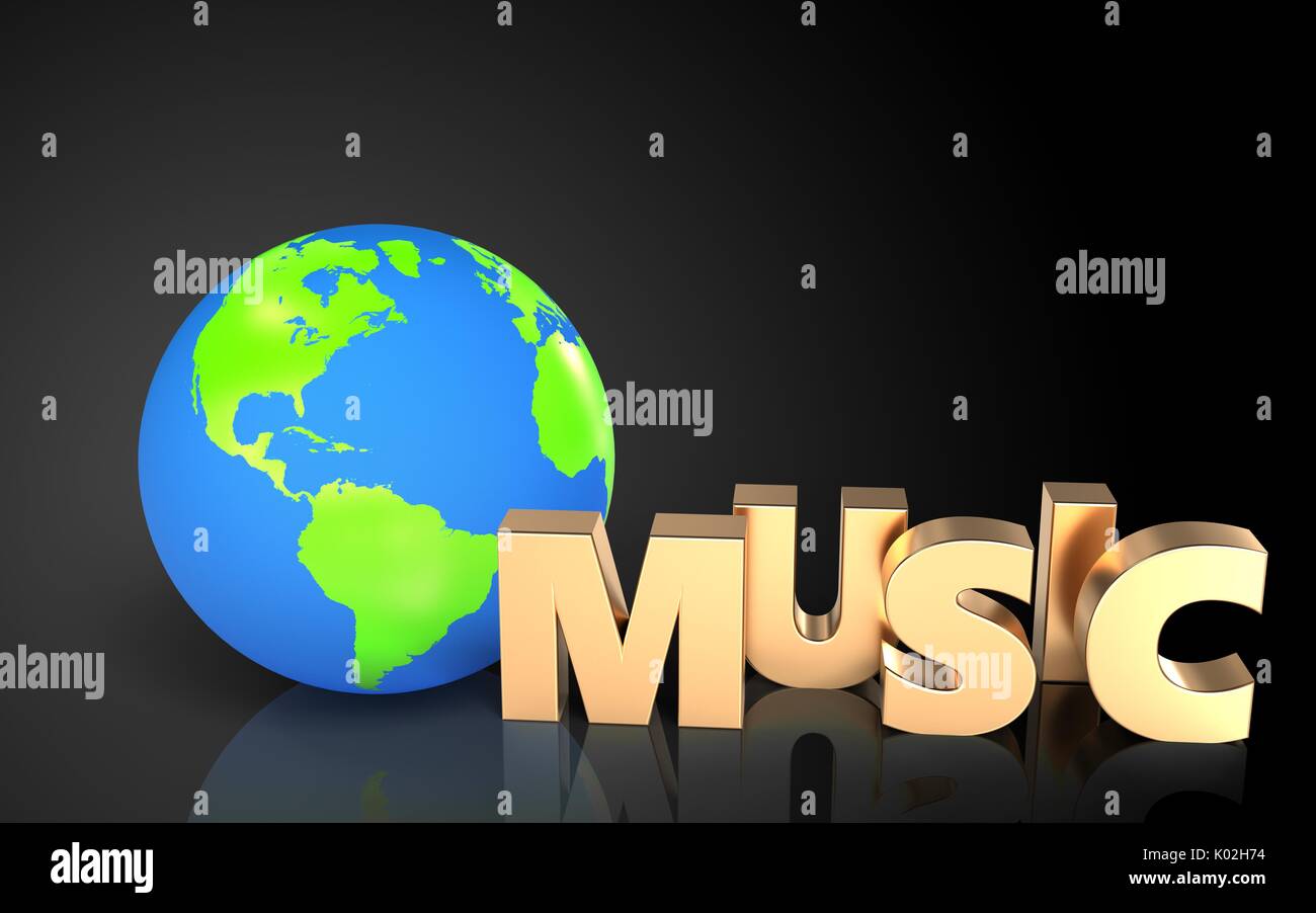 3d illustration of earth globe over black background with music sign ...