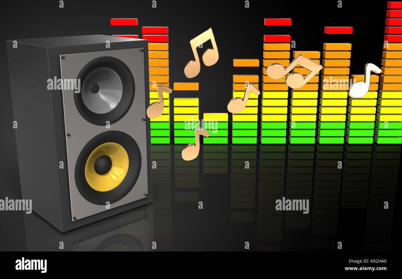 3d illustration of sound system over black background with notes Stock ...