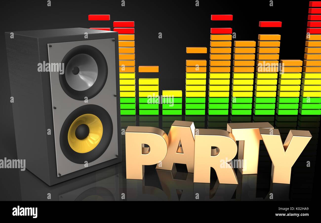 3d illustration of sound system over black background with party sign ...
