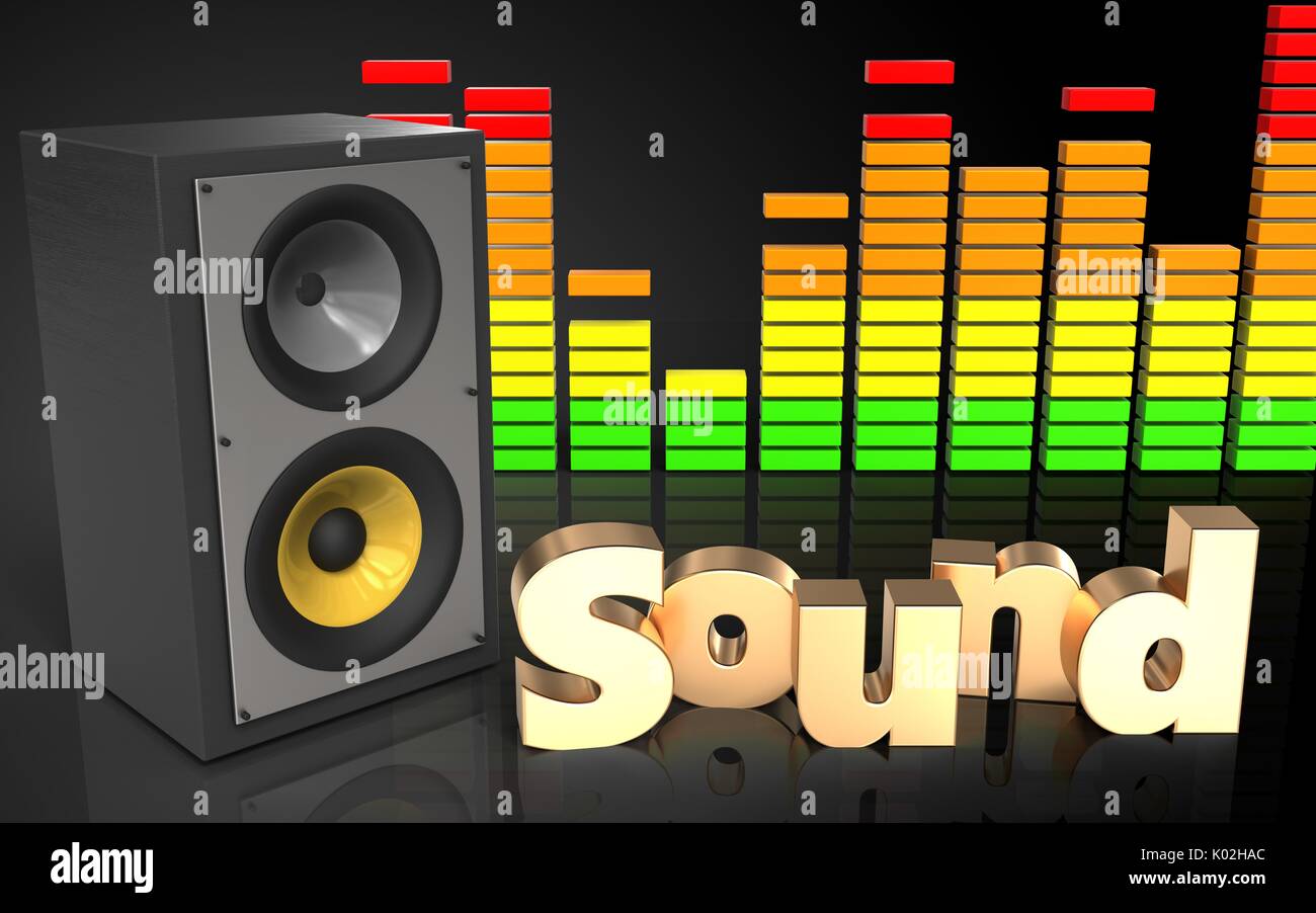 3d illustration of sound system over black background with 'sound' sign ...