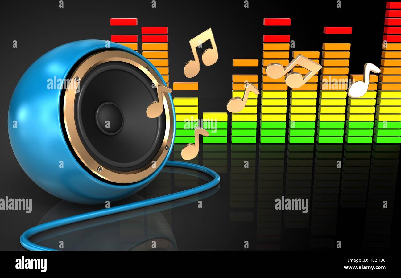 3d illustration of blue sound speaker over black background with notes ...
