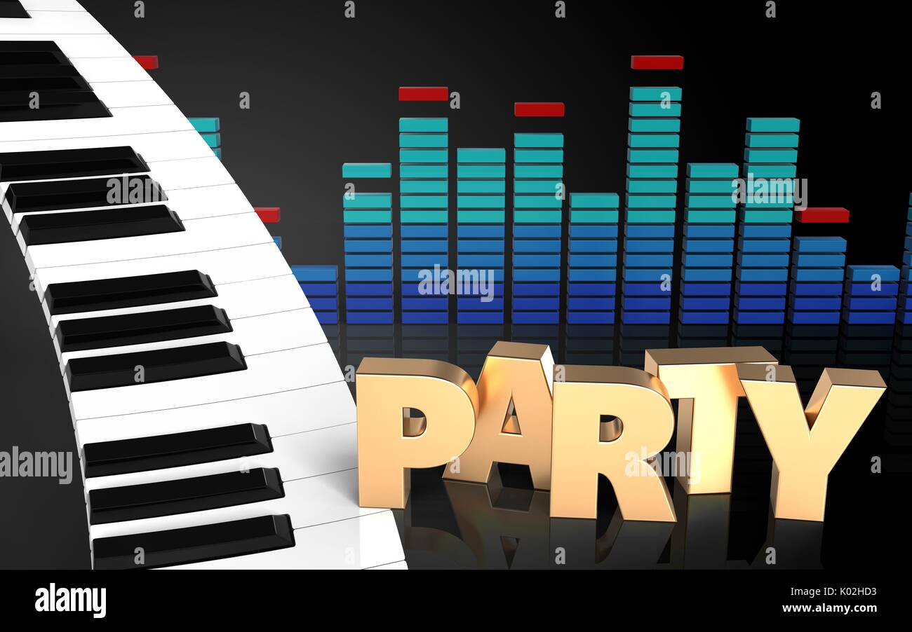 3d illustration of piano keyboard over black background with party sign ...