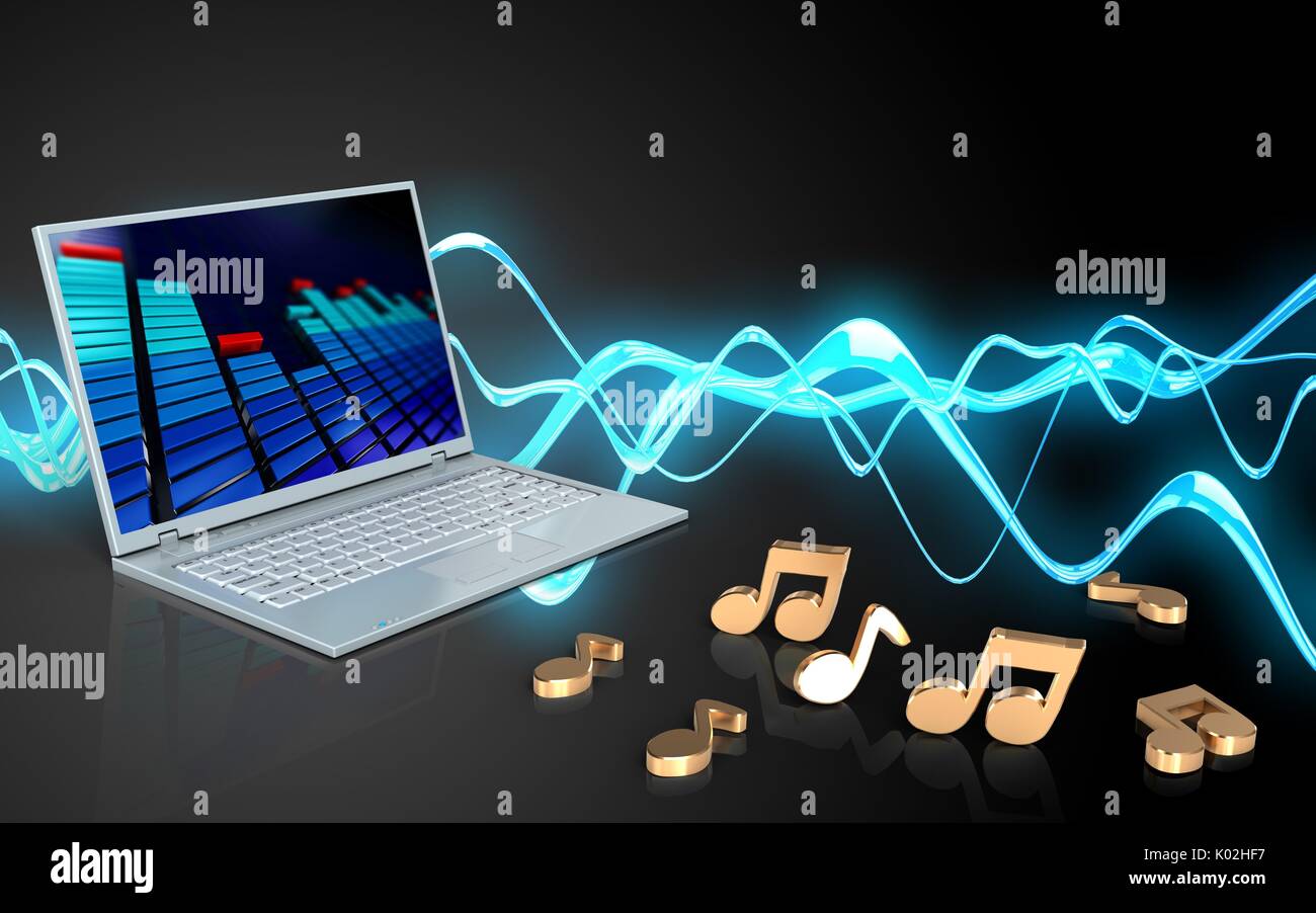 3d illustration of laptop computer over sound wave black background ...