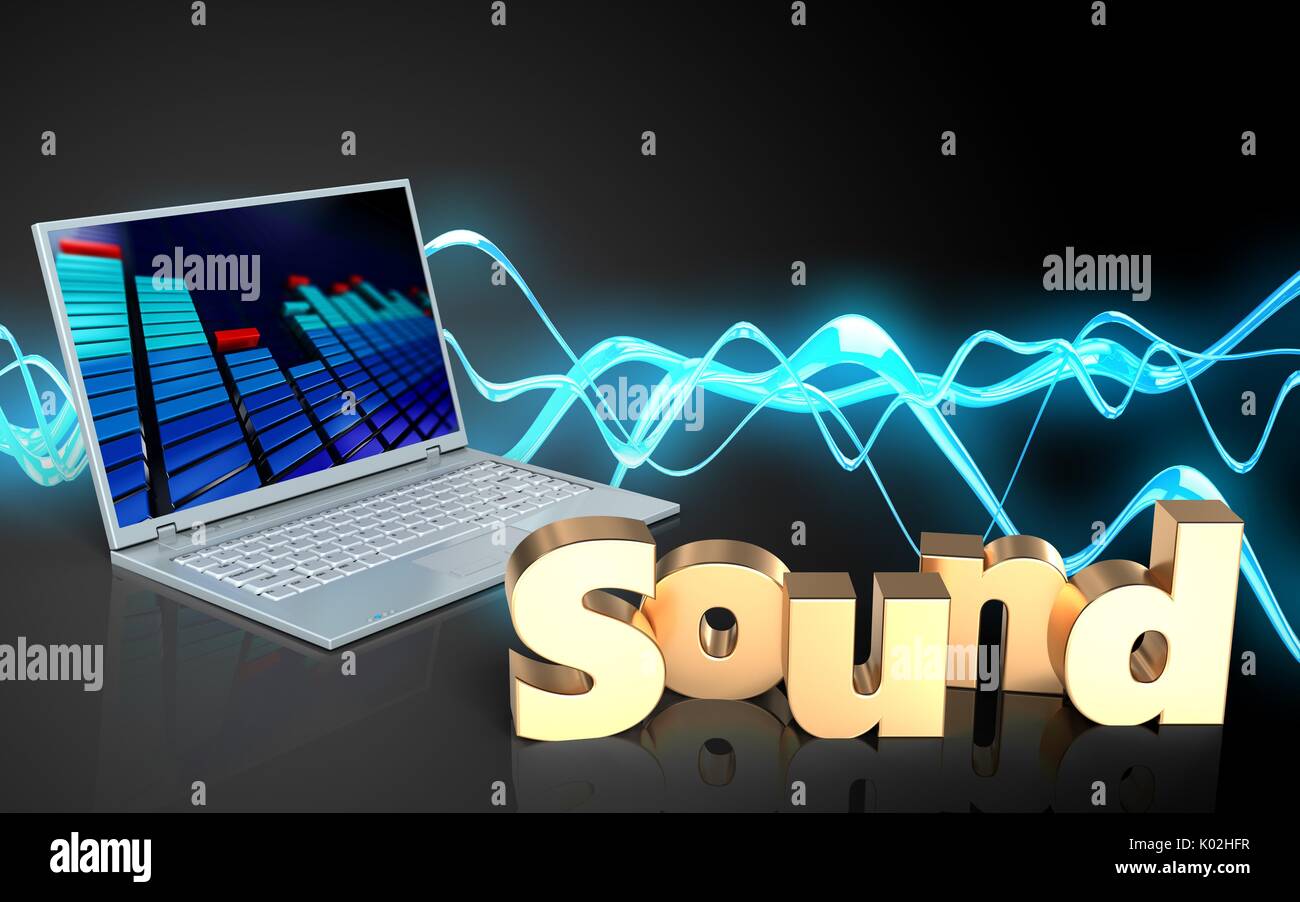 3d illustration of laptop computer over sound wave black background ...
