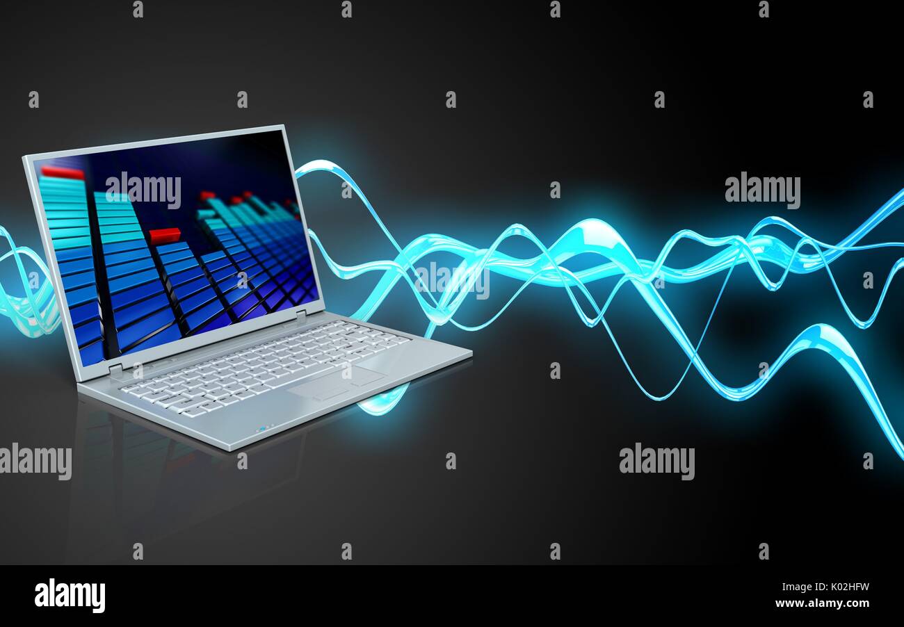 3d illustration of laptop computer over sound wave black background ...