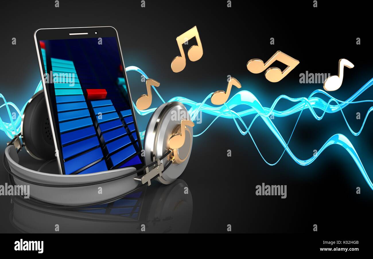 3d illustration of mobile phone over sound wave black background with ...