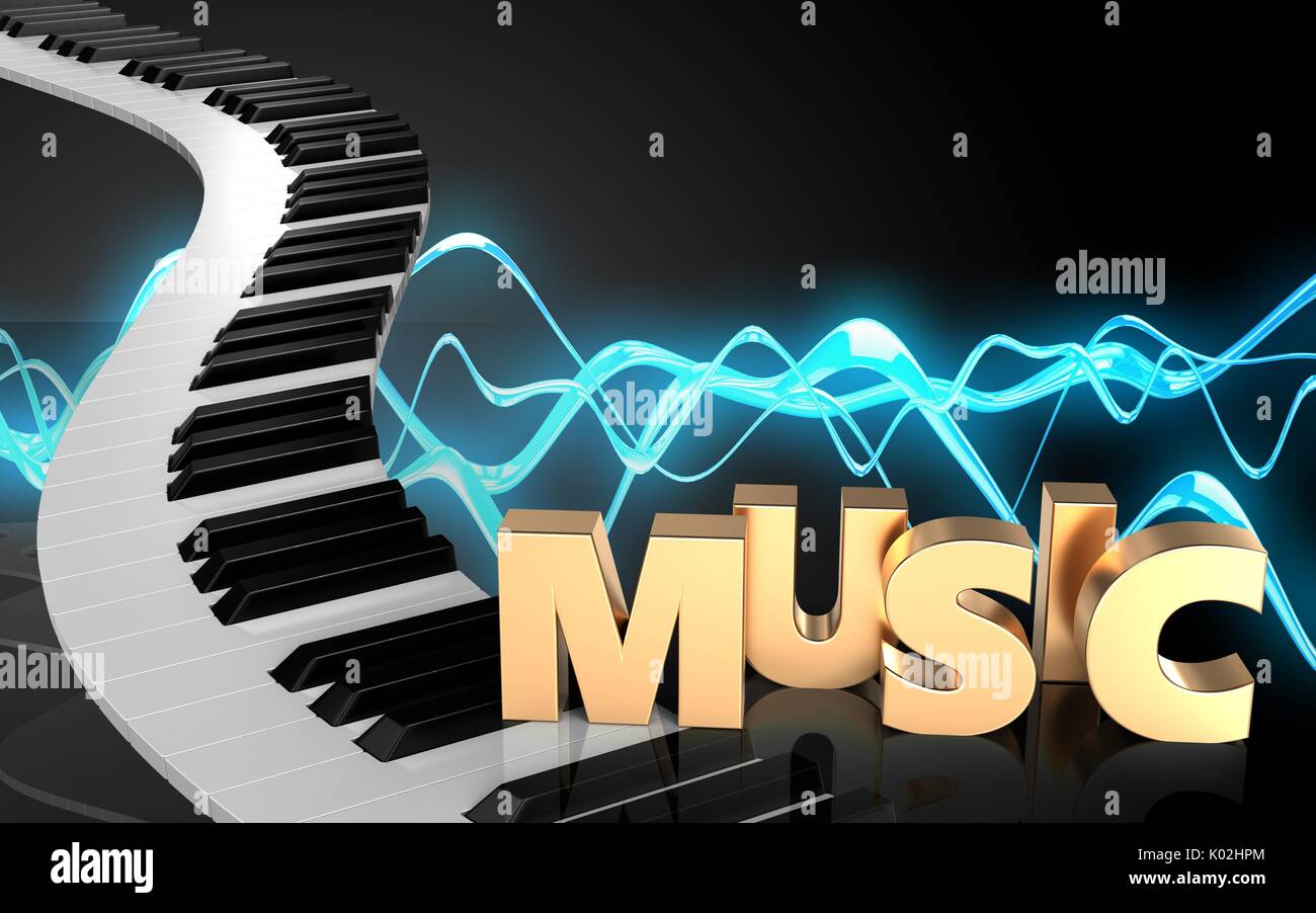 3d illustration of piano keys over sound wave black background with ...