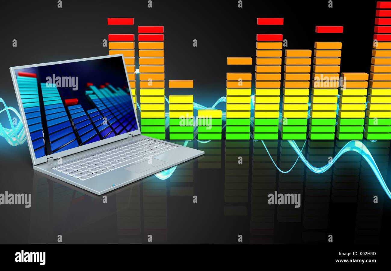 3d illustration of laptop computer over sound wave black background ...