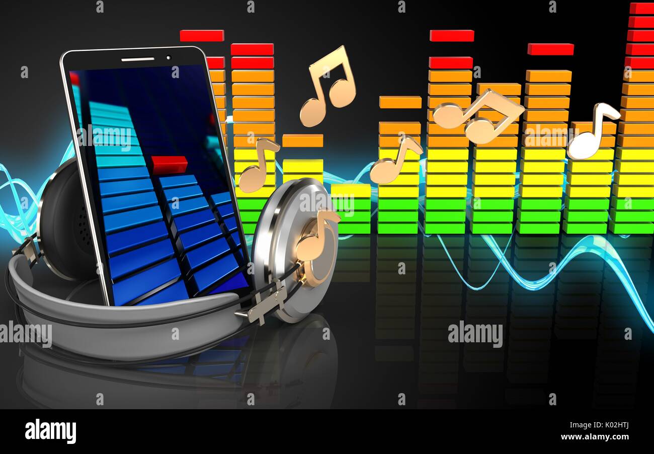 3d illustration of mobile phone over sound wave black background with ...