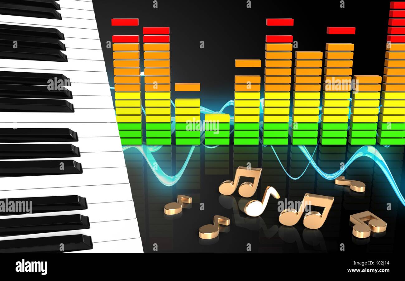 3d illustration of piano keys over sound wave black background with ...