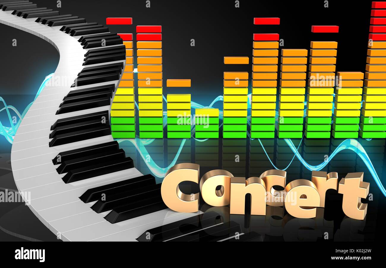 3d illustration of piano keys over sound wave black background with ...