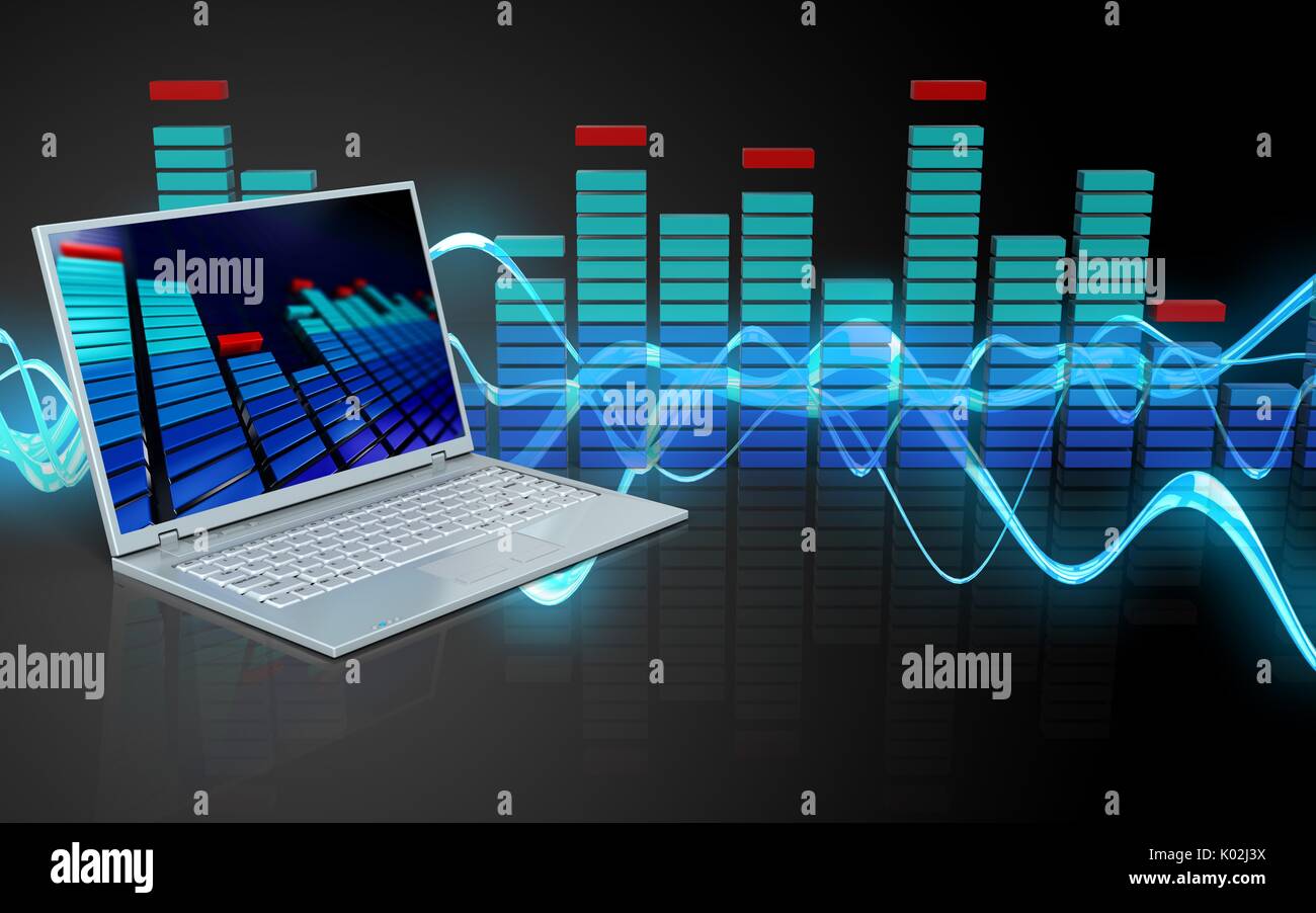 3d illustration of laptop computer over sound wave black background ...