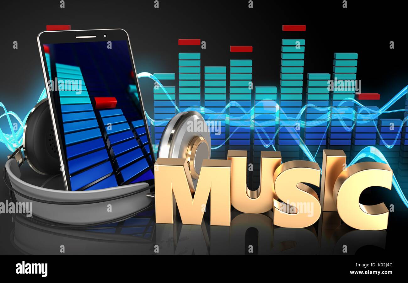 3d illustration of mobile phone over sound wave black background with ...