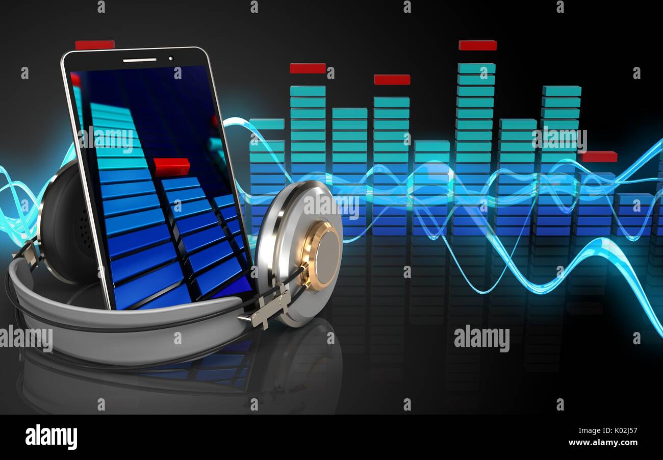 3d illustration of mobile phone over sound wave black background Stock ...