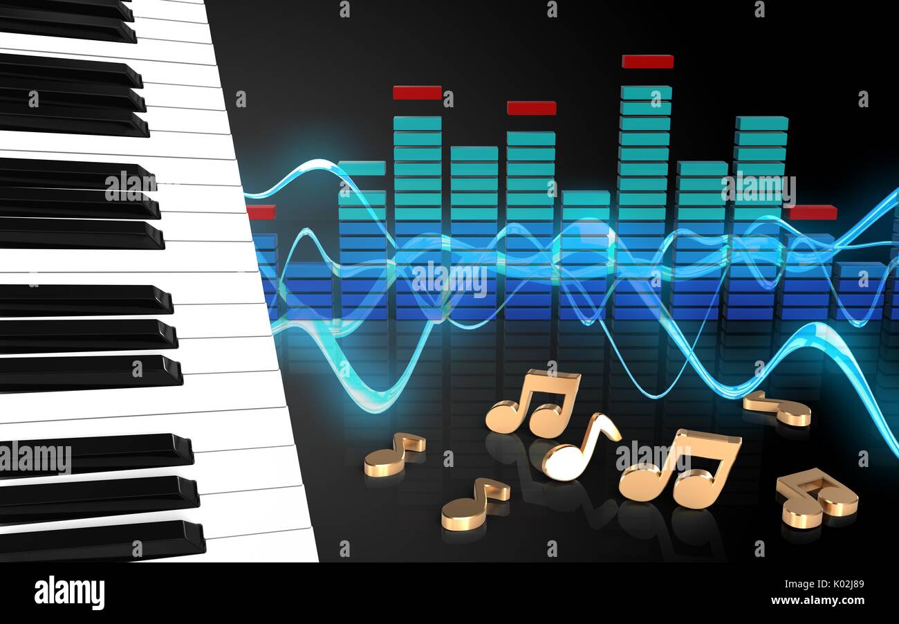 3d illustration of piano keys over sound wave black background with ...