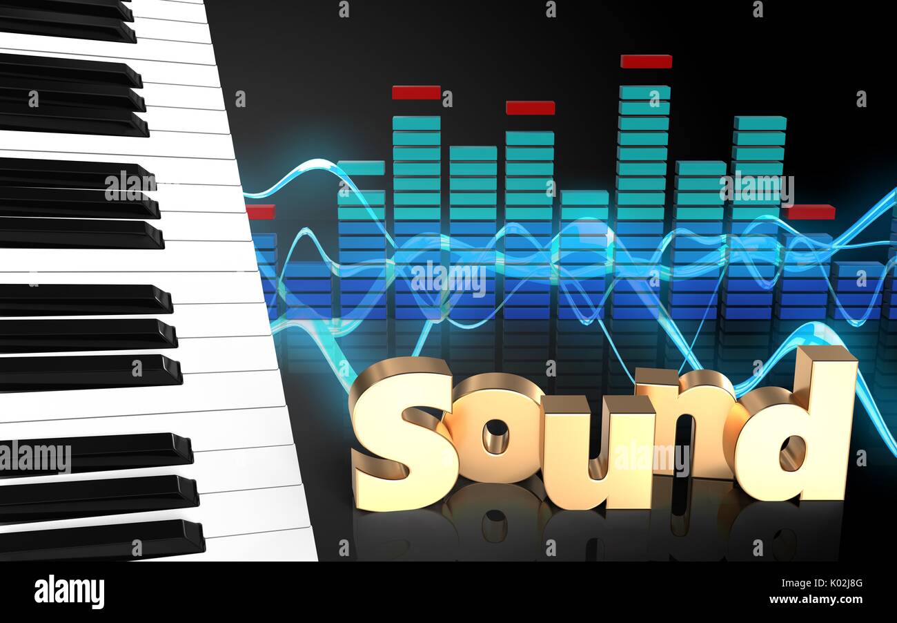 3d illustration of piano keys over sound wave black background with ...