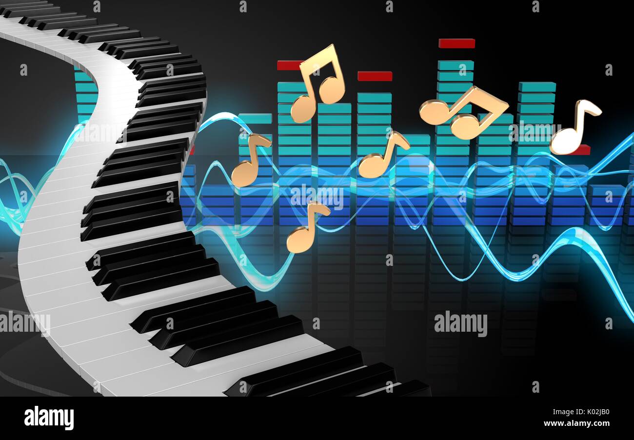 3d illustration of piano keys over sound wave black background with ...