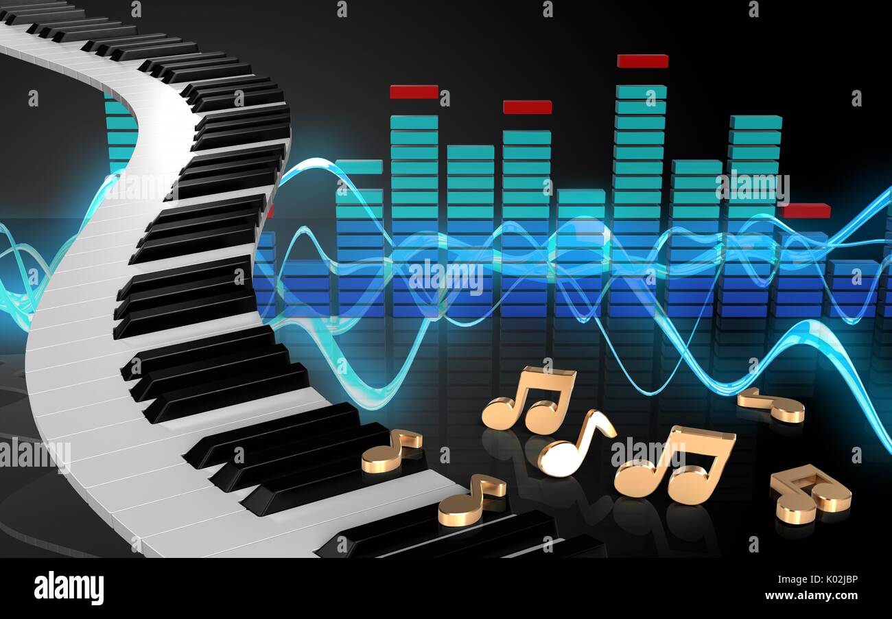 3d illustration of piano keys over sound wave black background with ...