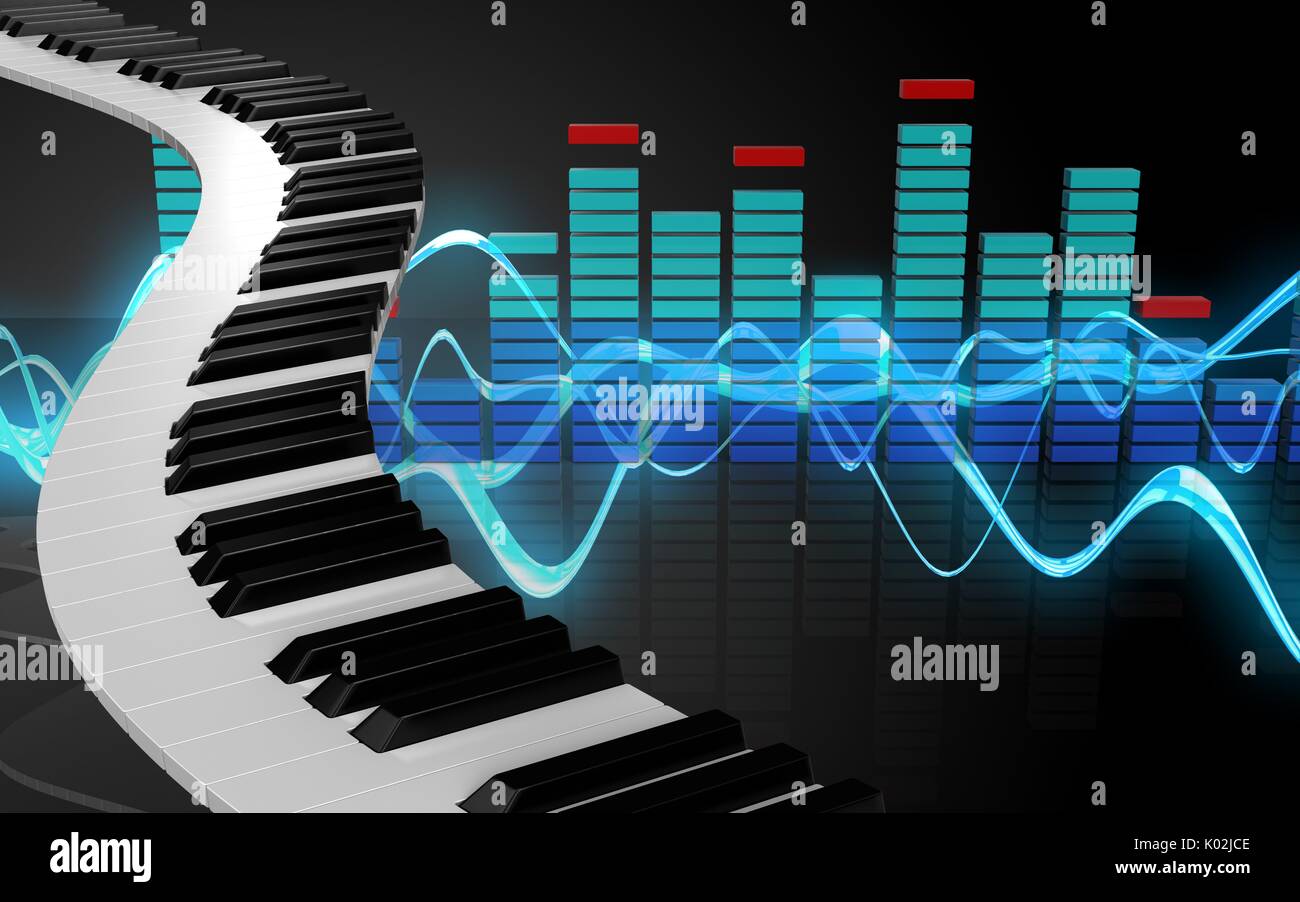 3d illustration of piano keys over sound wave black background Stock ...