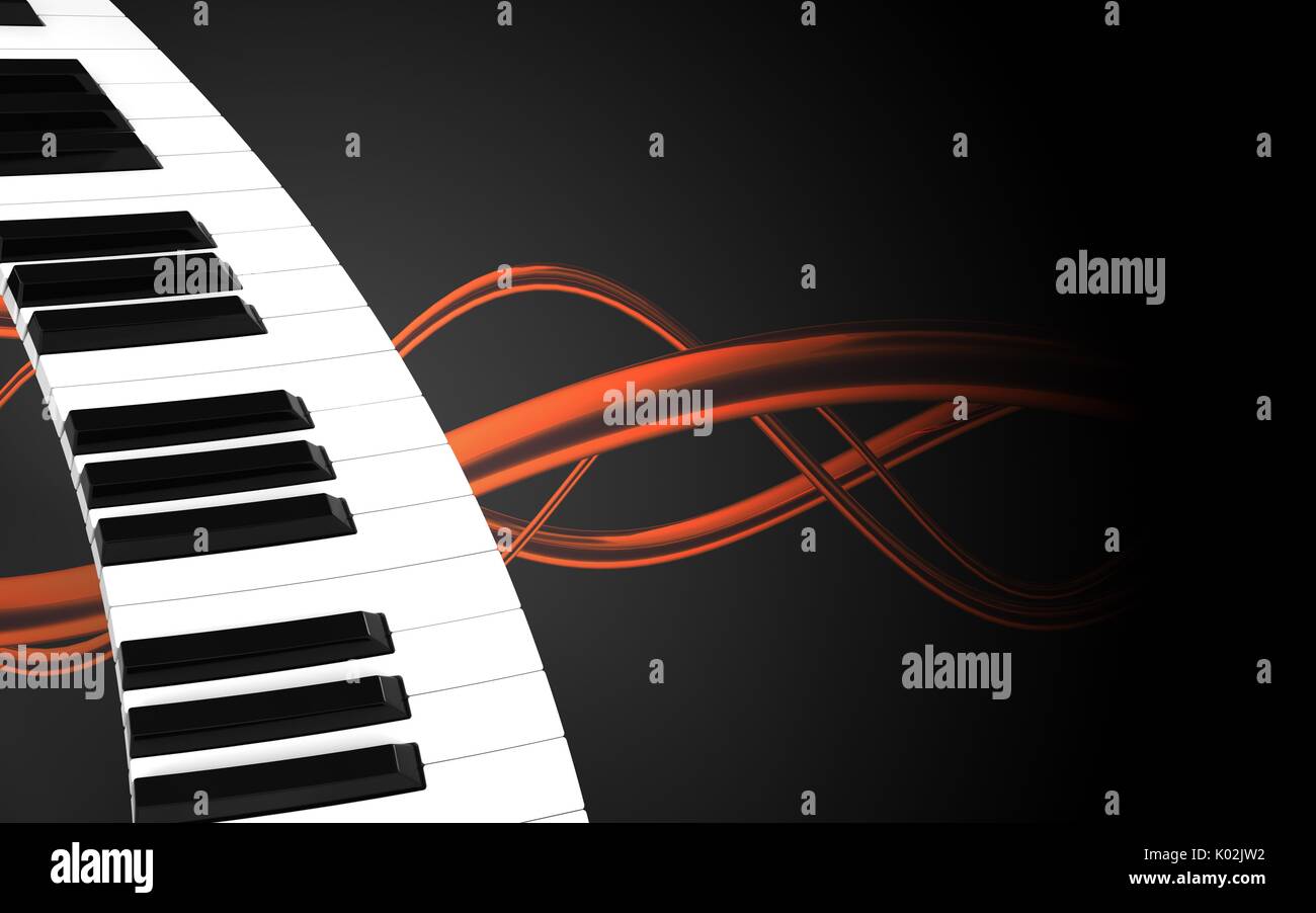 3d illustration of piano keyboard over sound wave orange background ...