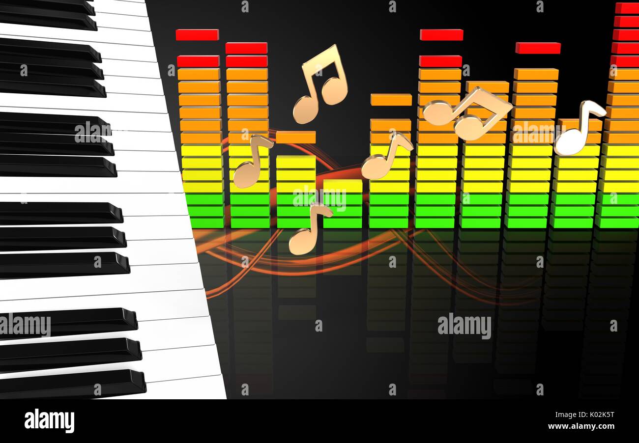 3d illustration of piano keys over sound wave orange background with ...
