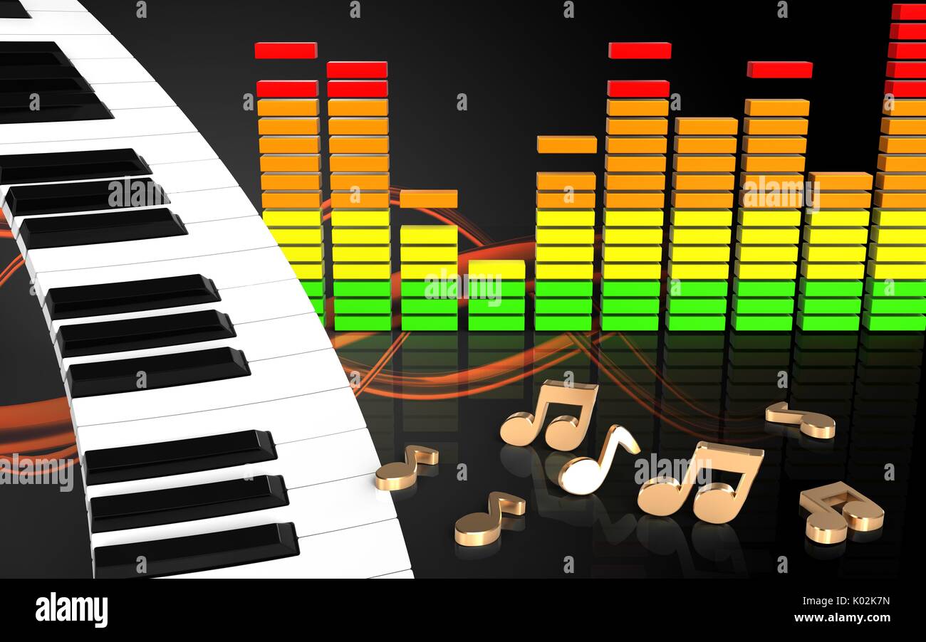 3d illustration of piano keyboard over sound wave orange background ...