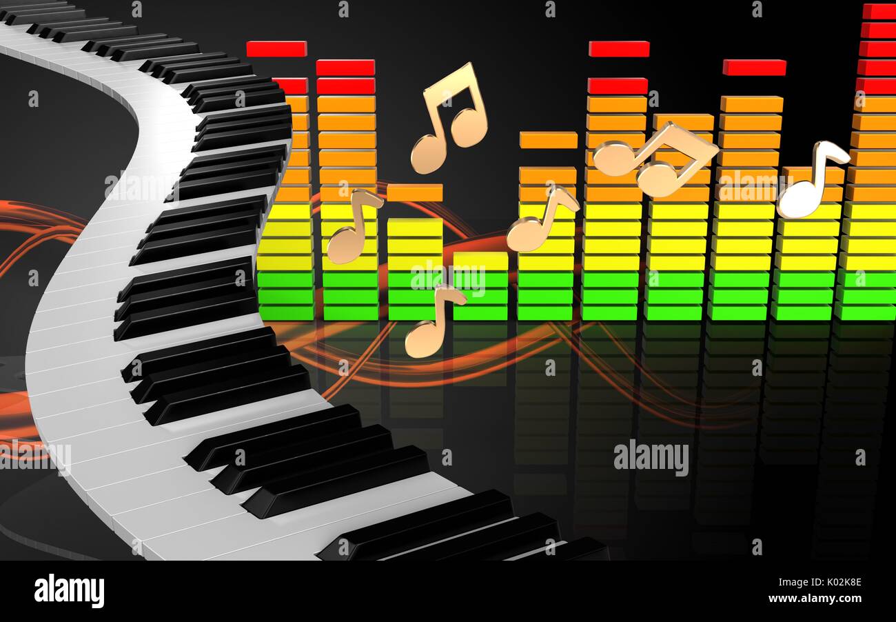 3d illustration of piano keys over sound wave orange background with ...
