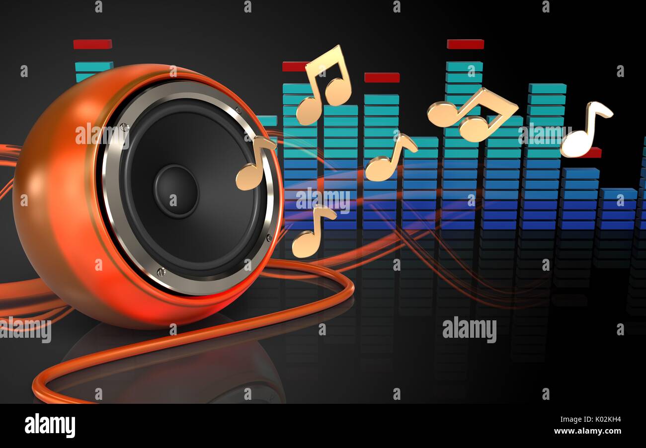 3d illustration of orange speaker over sound wave orange background ...