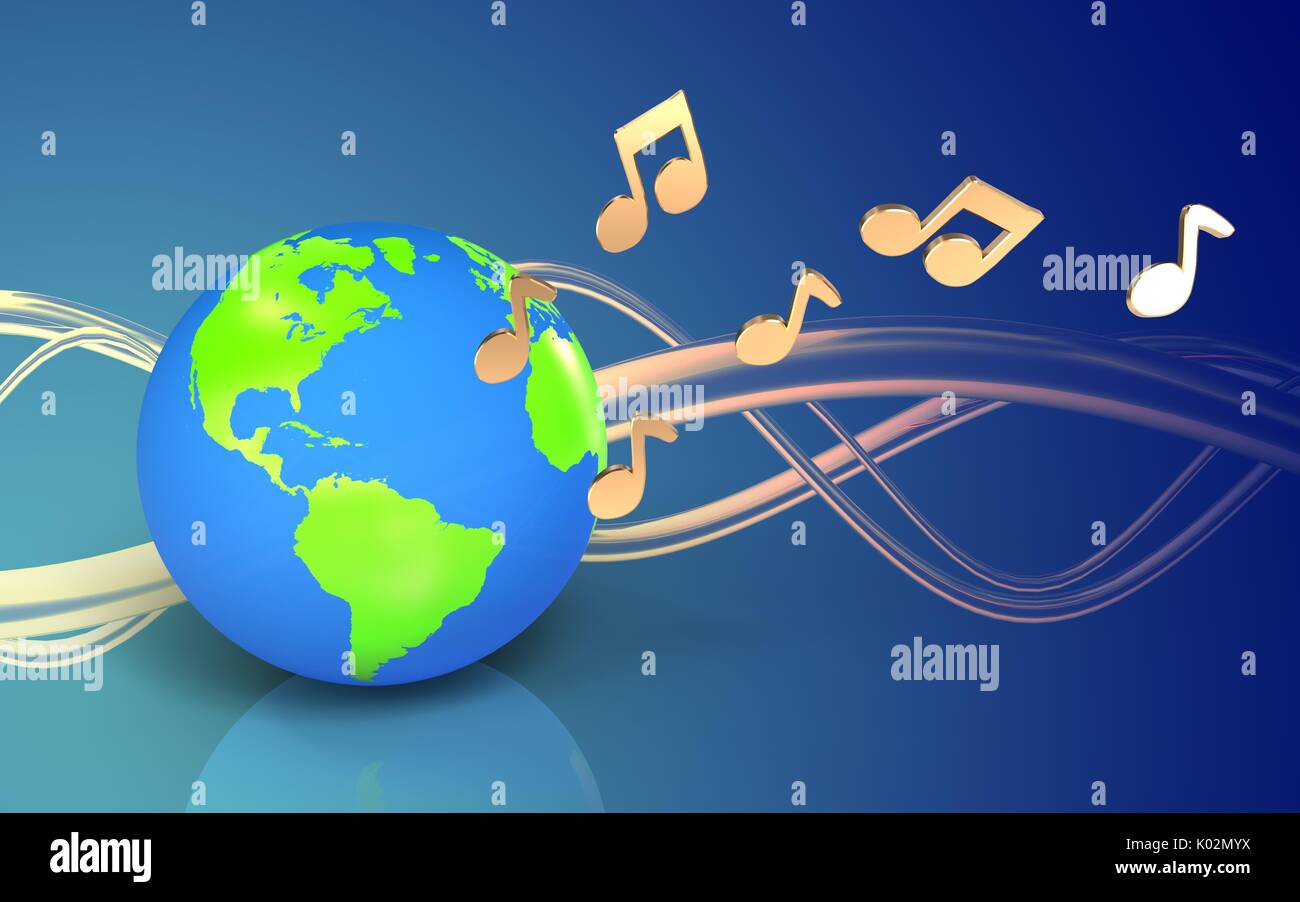 3d illustration of earth globe over wave blue background with notes ...