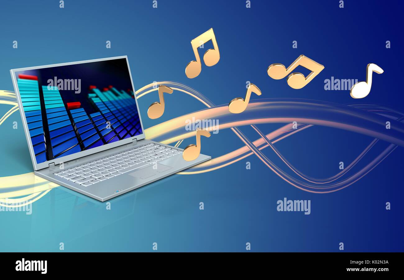 3d illustration of laptop computer over wave blue background with notes ...