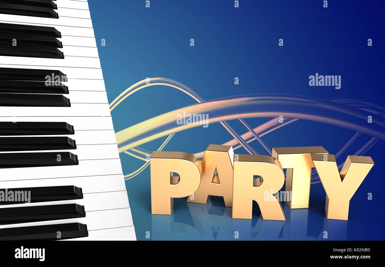 3d illustration of piano keys over wave blue background with party sign ...