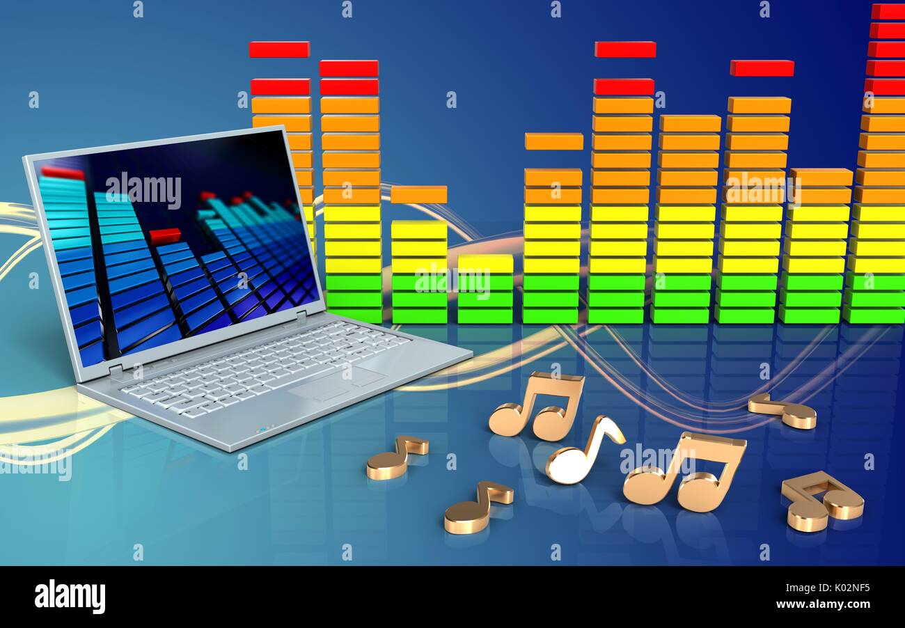 3d illustration of laptop computer over wave blue background with notes ...