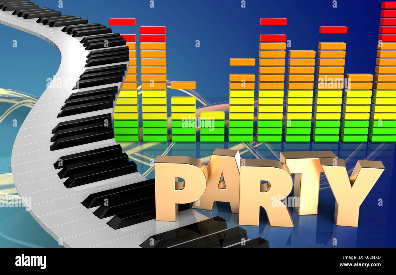 3d illustration of piano keys over wave blue background with party sign ...