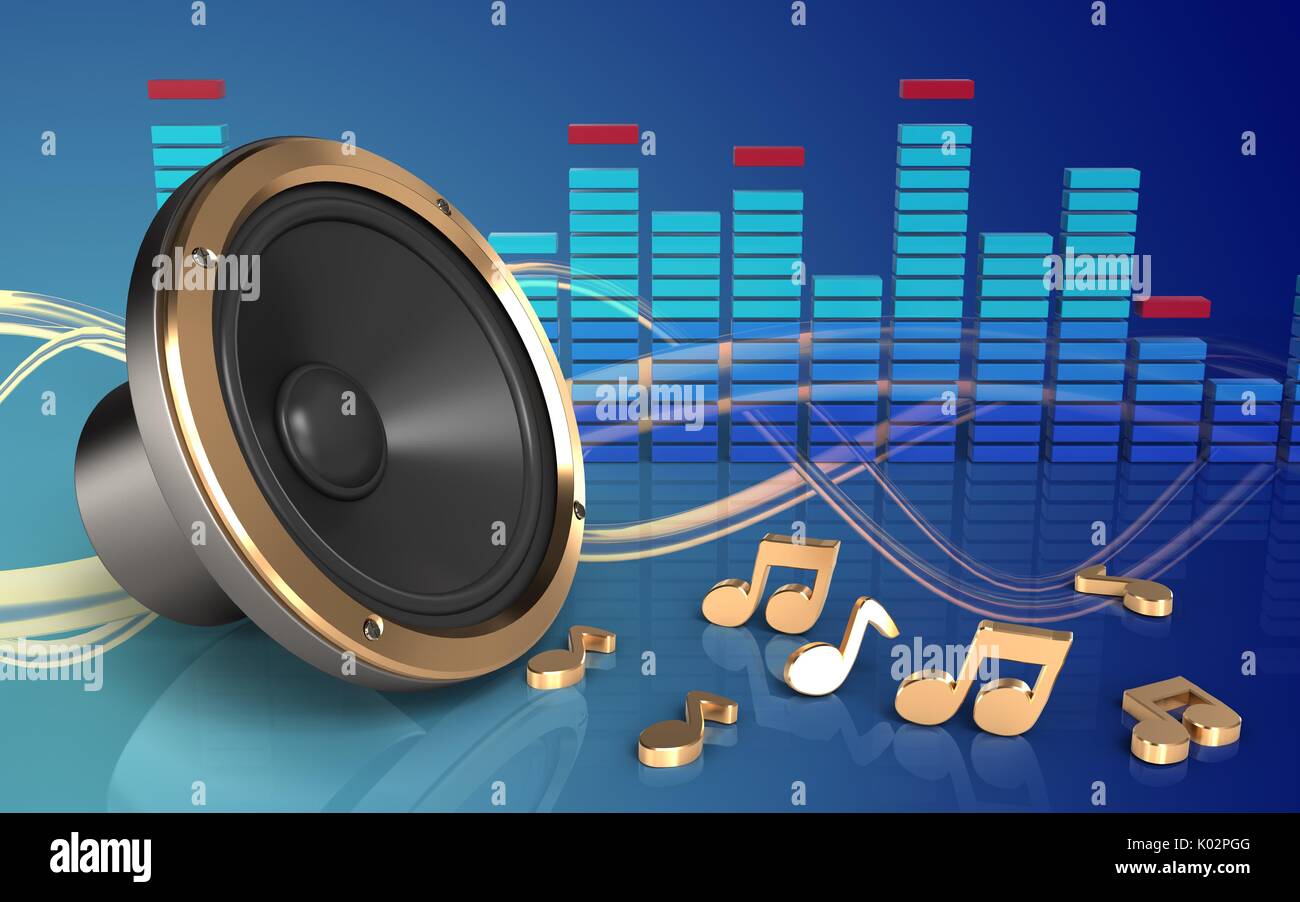 3d illustration of loud speaker over wave blue background with notes ...