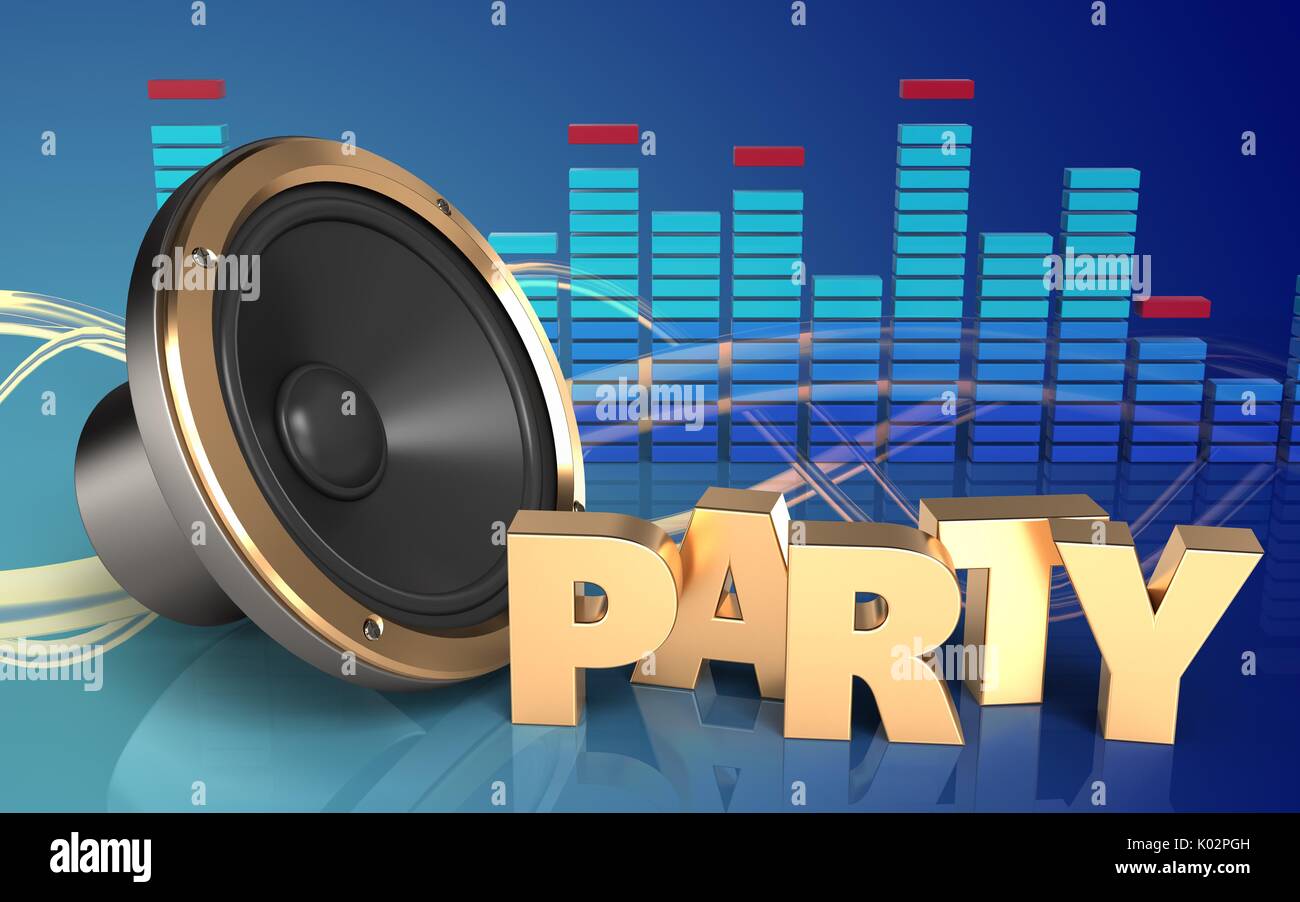 3d illustration of loud speaker over wave blue background with party ...