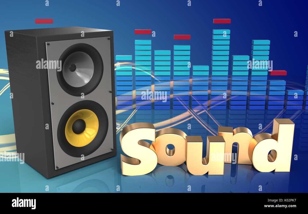 3d illustration of sound system over wave blue background with 'sound ...