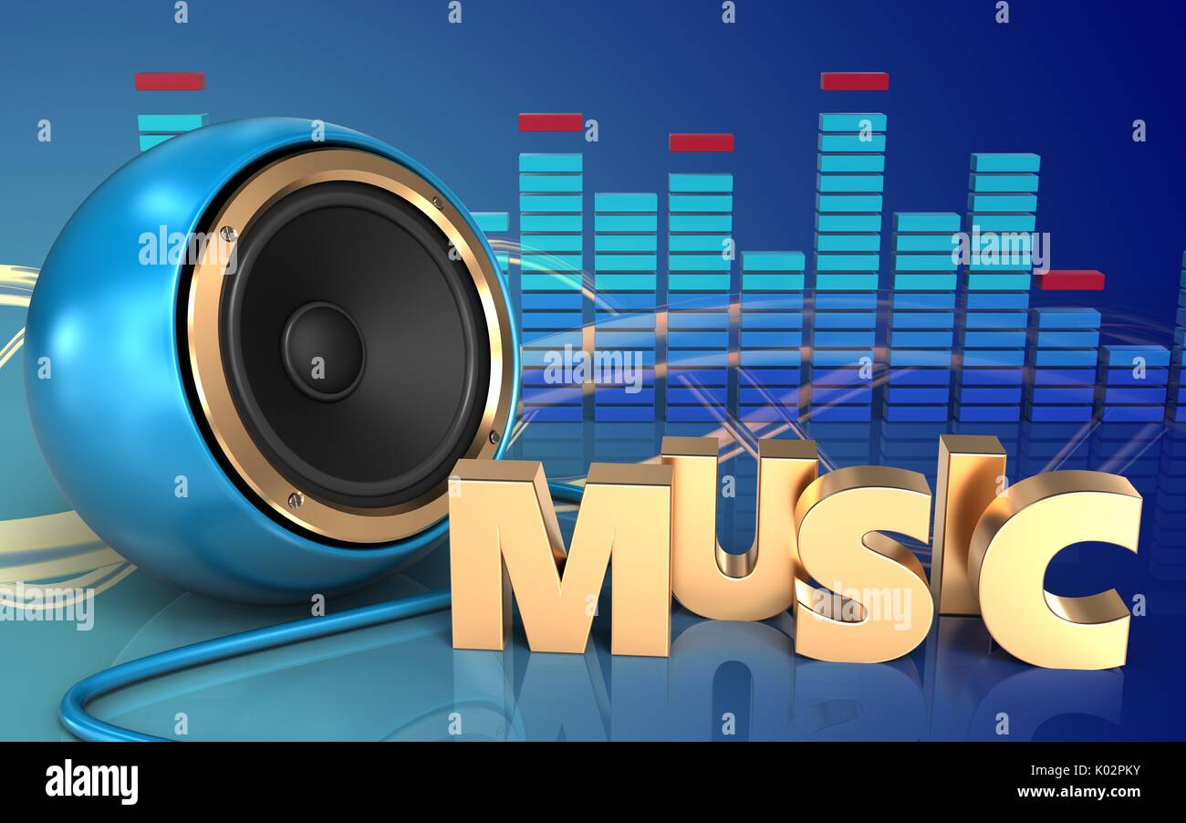 3d illustration of blue sound speaker over wave blue background with ...
