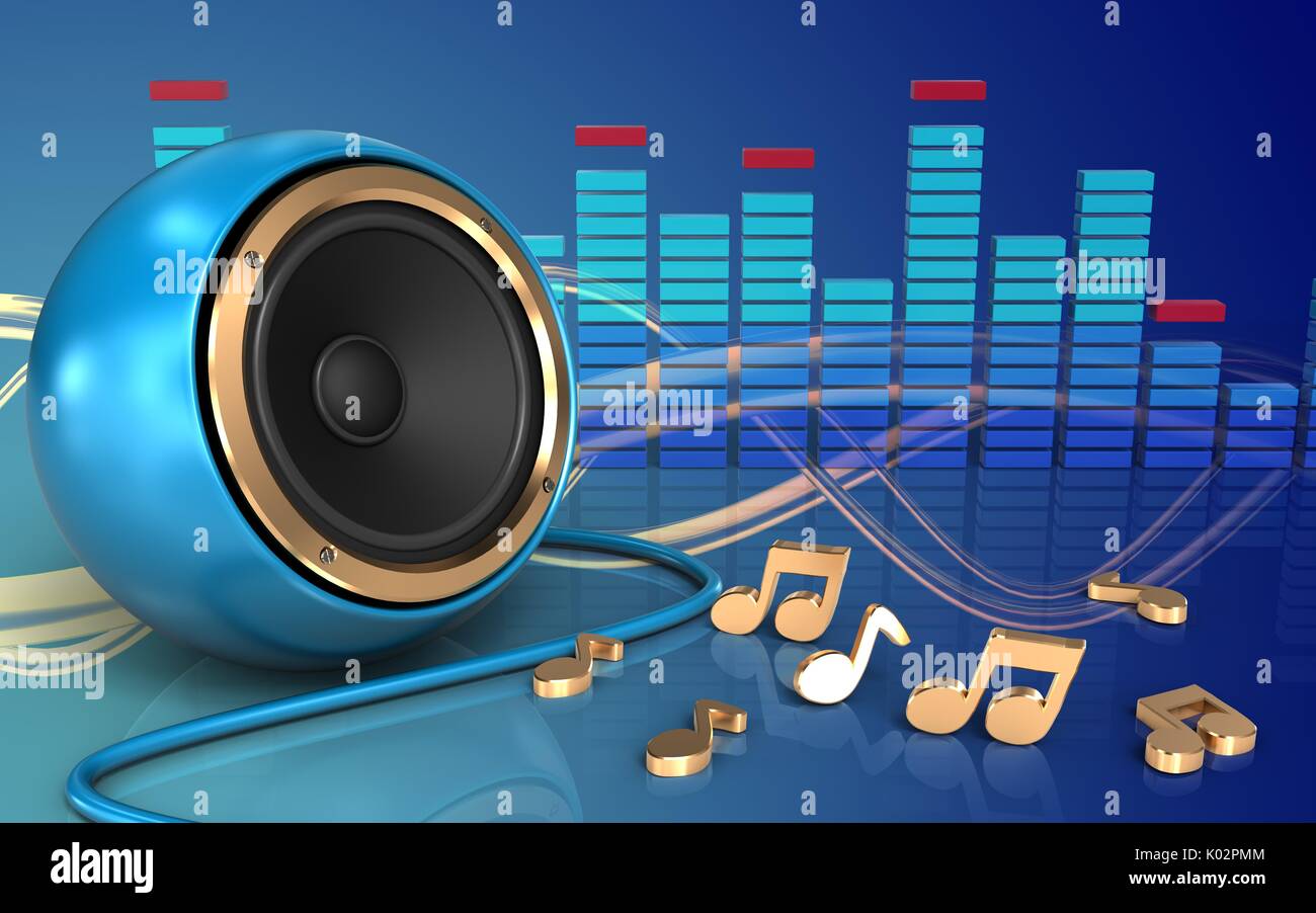 3d illustration of blue sound speaker over wave blue background with ...