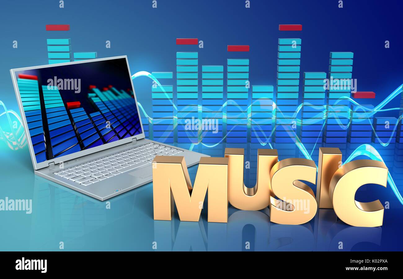 3d illustration of laptop computer over sound wave blue background with ...