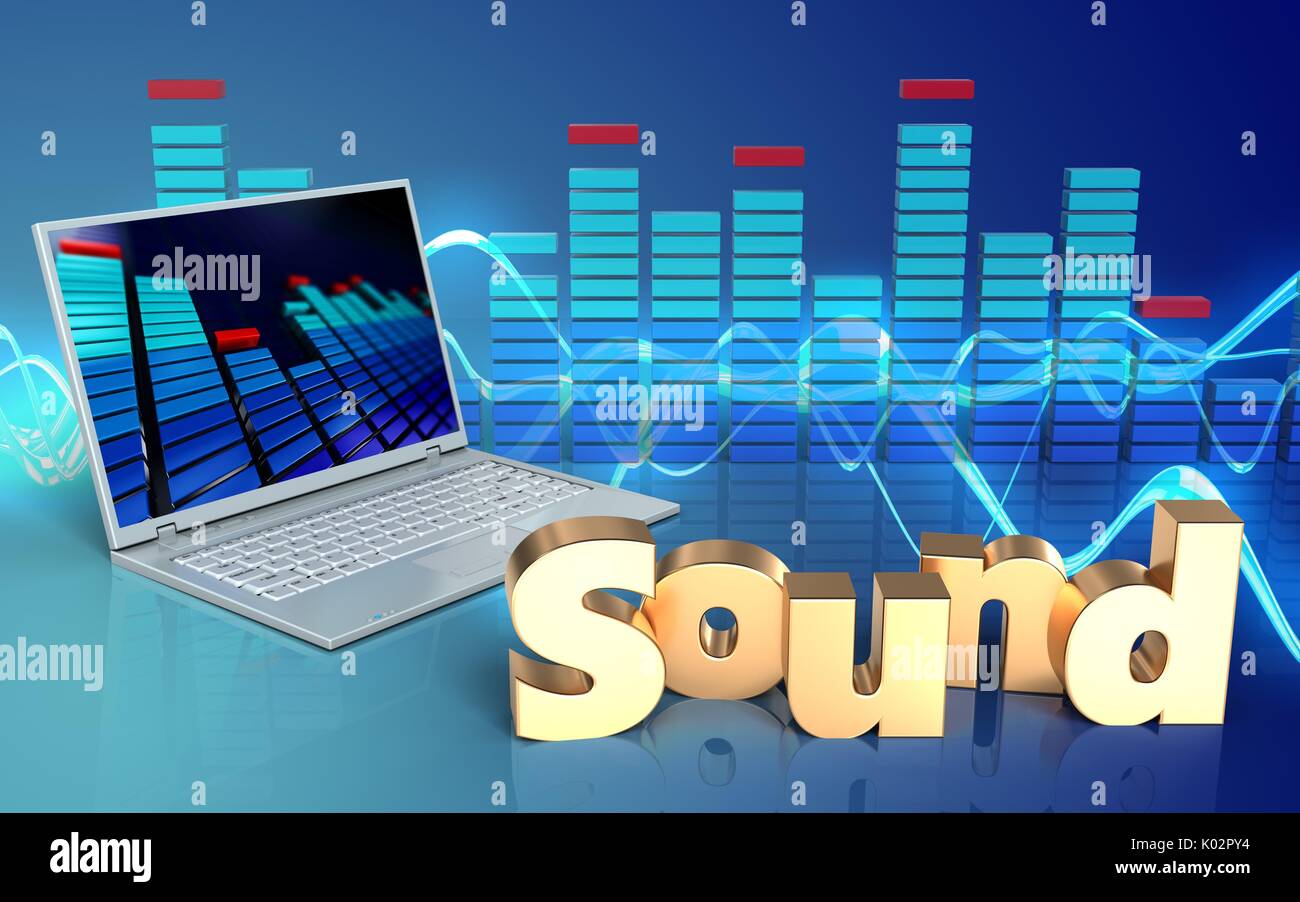 3d illustration of laptop computer over sound wave blue background with ...