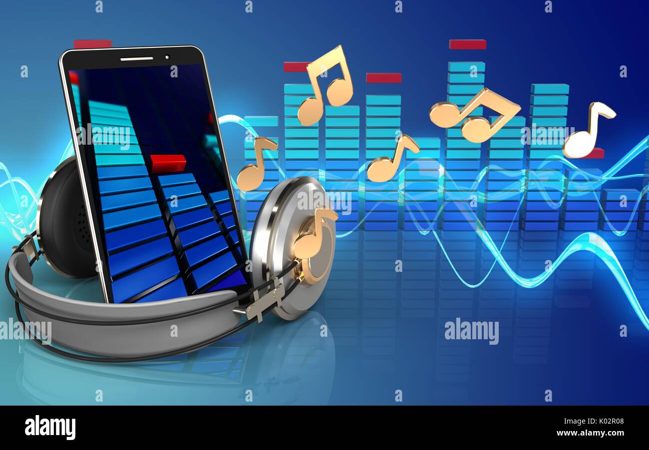 3d illustration of mobile phone over sound wave blue background with ...
