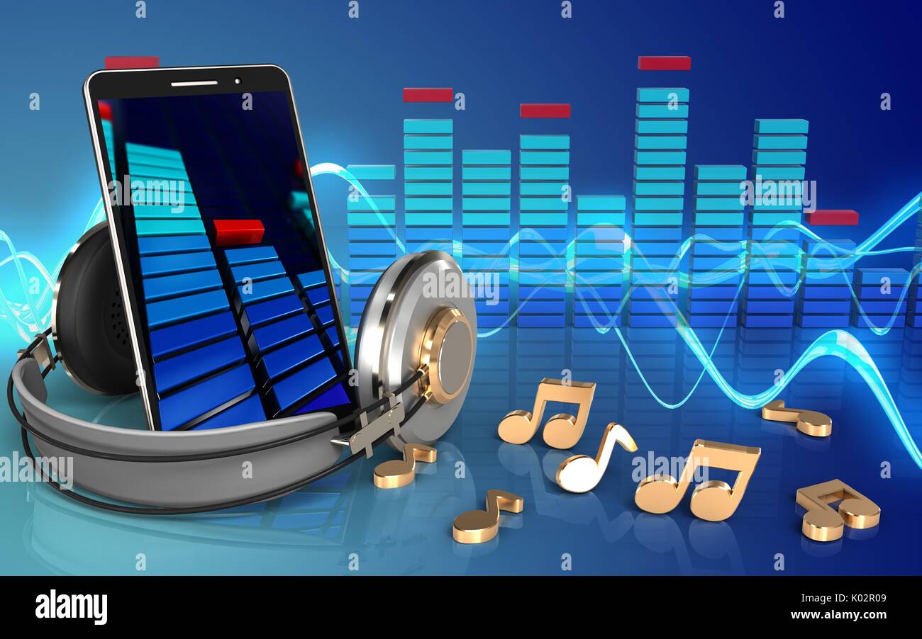 3d illustration of mobile phone over sound wave blue background with ...