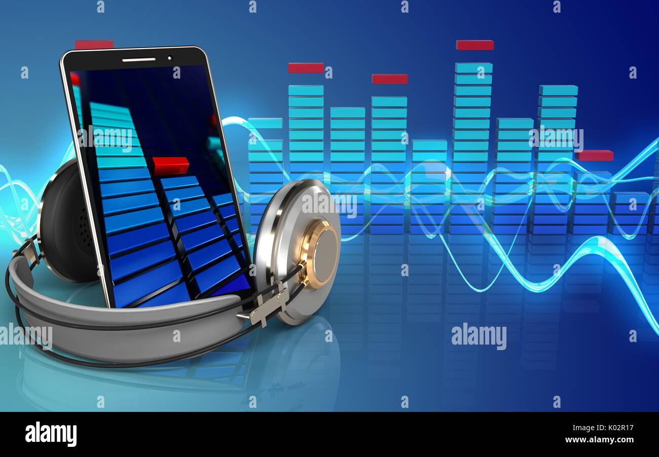 3d illustration of mobile phone over sound wave blue background Stock ...