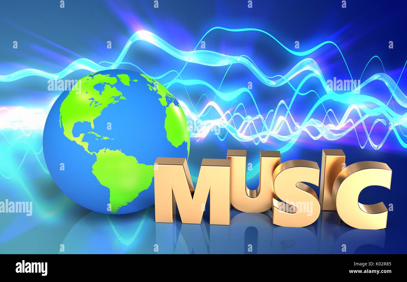 3d illustration of earth globe over sound waves blue background with ...